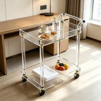 China Clear Acrylic Rolling Bar Cart, 2 Tier Luxury Serving Trolley With Gold Hardware & Wheels for sale