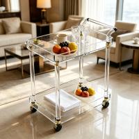 China Clear Acrylic Rolling Bar Cart, 2 Tier Luxury Serving Trolley With Gold Hardware & Wheels for sale