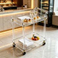 China Clear Acrylic Rolling Bar Cart, 2 Tier Luxury Serving Trolley With Gold Hardware & Wheels for sale