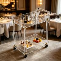 China Clear Acrylic Rolling Bar Cart, 2 Tier Luxury Serving Trolley With Gold Hardware & Wheels for sale