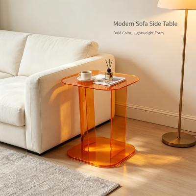 China Transparent Orange Acrylic Side Table, Minimalist Hollow Acrylic End Table for Balcony Bedroom for sale
