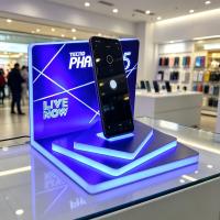 China LED Acrylic Tiered Display Stand, Custom Lighted Countertop POS Display for Mobile Retail for sale