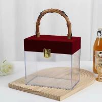 China Luxury Clear Acrylic Gift Box with Bamboo Handle, Velvet Top Hinged Handbag Style Gift Case, Custom Eid Ramadan Wedding Favor Perfume Packaging Box Wholesale for sale