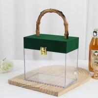 China Luxury Clear Acrylic Gift Box with Bamboo Handle, Velvet Top Hinged Handbag Style Gift Case, Custom Eid Ramadan Wedding Favor Perfume Packaging Box Wholesale for sale