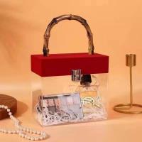 China Luxury Clear Acrylic Gift Box with Bamboo Handle, Velvet Top Hinged Handbag Style Gift Case, Custom Eid Ramadan Wedding Favor Perfume Packaging Box Wholesale for sale