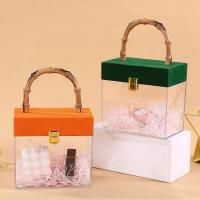 China Luxury Clear Acrylic Gift Box with Bamboo Handle, Velvet Top Hinged Handbag Style Gift Case, Custom Eid Ramadan Wedding Favor Perfume Packaging Box Wholesale for sale