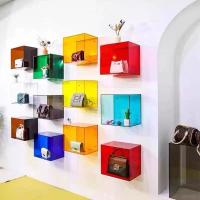 China Colored Wall Mount Acrylic Display Cube, Floating Wall Box for Handbag & Collectible Display, Custom Wholesale for sale