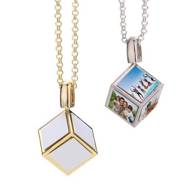 China 3D Cube Photo Frame Necklace Custom Blank Sublimation Dice Cube Memory Photo Pendant Necklace for sale