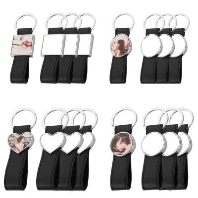 China Custom Leather Strap Sublimation Key Chain DIY Printing Photo Metal Keychain Gift for sale