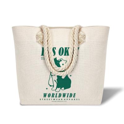 China Twine Knot Straps Beach Tote Bag Blanks Diy Custom Linen Sublimation Shopping Handbag for sale
