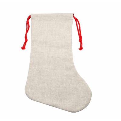 China Heavy Thick 380gsm Linen Sublimation Christmas Stockings With Red Cotton Cords Children Promotional Party Supplies for sale