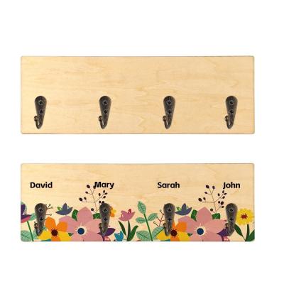 China Sublimation Blanks Wooden Rectangular Wall Hanging Holder With Hooks Custom Key Hanger for sale
