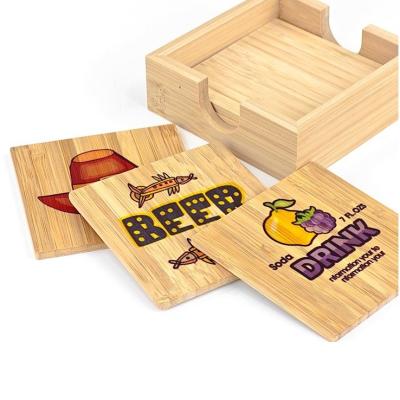 China Square Shape Sublimation Bamboo Wooden Coaster Set With Holder Custom Wooden Tea Cup Mat Pad Bamboo Coaster for sale