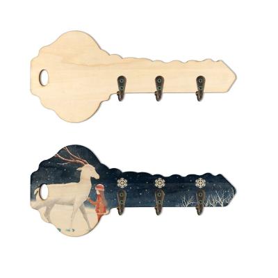 China DIY Creative Sublimation Wooden Key Shaped Key Holder For Wall Custom Key Hanger for sale