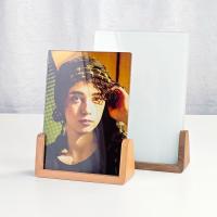 China Durable Tabletop Sublimation Glass Photo Frame With Wooden U Shaped Base Custom Printing Tempered Glass Picture Frame for sale