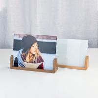 China Durable Tabletop Sublimation Glass Photo Frame With Wooden U Shaped Base Custom Printing Tempered Glass Picture Frame for sale