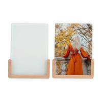 China Durable Tabletop Sublimation Glass Photo Frame With Wooden U Shaped Base Custom Printing Tempered Glass Picture Frame for sale