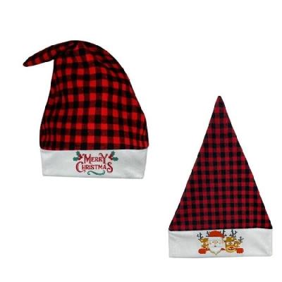 China Xmas Sublimation Blank Hats Christmas Festival Party Decoration Short Plush Buffalo Plaid Sublimation Santa Hat for sale