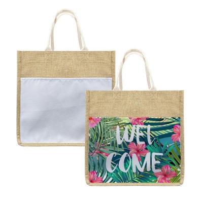 China Custom Linen Sublimation Tote Bag Blanks With Front Pocket Diy Custom Jute Shopping Bag Sublimation Printing Tote Bags for sale
