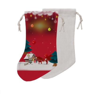 China Personalised Christmas Decorations Sublimation Linen Christmas Stockings Blanks With White Cotton Cords for sale
