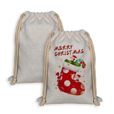 China Sublimation Santa Sacks Blanks Custom Printed Logo Packaging Dust Bags Linen Drawstring Sublimation Christmas Gift Bag for sale