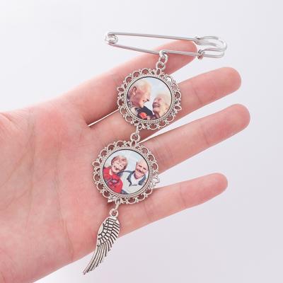 China Sublimation Metal Brooch Custom Print Photo Memorials Angel Wings Memory Charms for sale