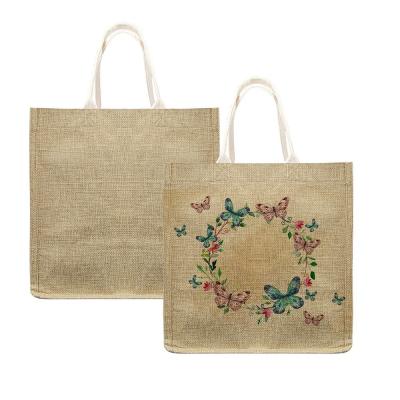China Custom Logo Blanks Sublimation Burlap Tote Bags Reusable Shopping Jute Handbag Linen Sublimation Bag for sale