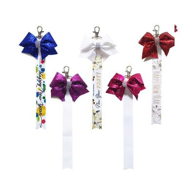 China Unique Personalized Gifts Pre-Tied Sublimation Blank Bowknot Keyring With Double Sided Printing Ribbon Lanyard DIY Colored Cute Bow Decoration for sale