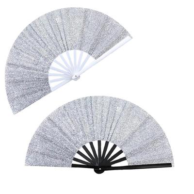 China 13 Inch Silver Glitter Blank Polyester Sublimation Fan Foldable Sublimation Hand Fans for sale