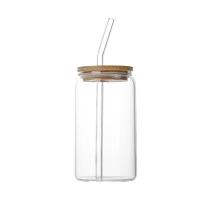 China Sublimation Glass Coke Cup With Bamboo Lid And Straw Glass Cold Drink Cup High Borosilicate Glass Coated Transparent Glass Cup Set Sublimation Glass Mason Jar for sale