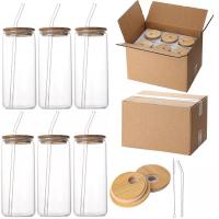 China Sublimation Glass Coke Cup With Bamboo Lid And Straw Glass Cold Drink Cup High Borosilicate Glass Coated Transparent Glass Cup Set Sublimation Glass Mason Jar for sale