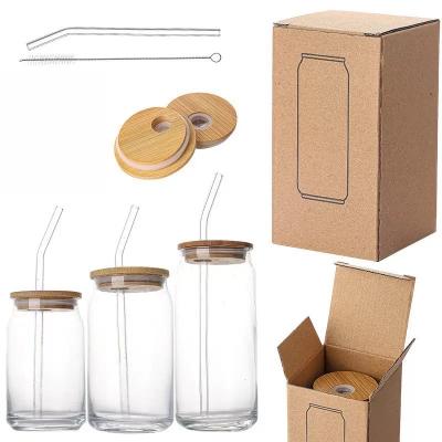 China Sublimation Glass Coke Cup With Bamboo Lid And Straw Glass Cold Drink Cup High Borosilicate Glass Coated Transparent Glass Cup Set Sublimation Glass Mason Jar for sale