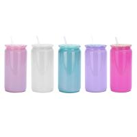 China Stylish 16oz Sublimation Glass Cup With Diamond Lid And Straw Frosted Mason Jar Sublimation Coke Can for sale