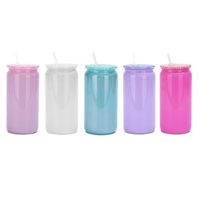 China Stylish 16oz Sublimation Glass Cup With Diamond Lid And Straw Frosted Mason Jar Sublimation Coke Can for sale