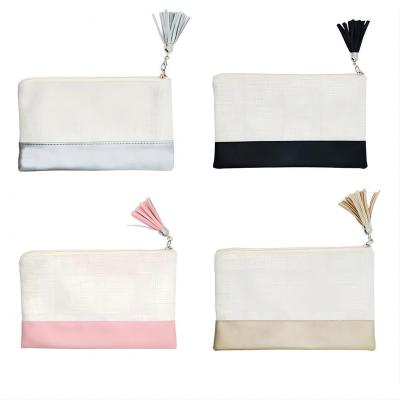 China Double Sided Sublimation Linen Cosmetic Bag With PU Leather Bottom Heat Transfer Blank Coin Purse Pencil Case Diy Printing for sale
