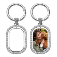 China Double-Sided Blank Sublimation Rotary Keychain With Rhinestone Rectangle Metal Key Rings Gold Silver Black Keychains for sale