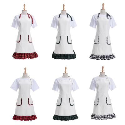 China Custom Logo Print Sublimation Blank Buffalo Plaid Linen Apron With Two Pocket BBQ Kitchen Apron Adjustable Shoulder Strap for sale