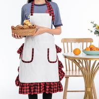China Custom Logo Print Sublimation Blank Buffalo Plaid Linen Apron With Two Pocket BBQ Kitchen Apron Adjustable Shoulder Strap for sale