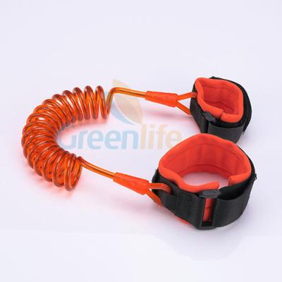 China Elastic Orange Bungee Wire Spring Baby Walking Harness 1.5m PU Lanyard with Wrist Bands for sale