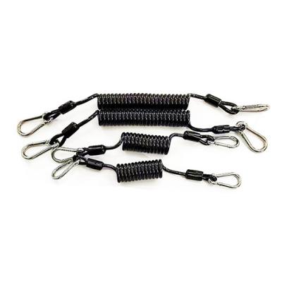 China Black Elastic Spring Tool Lanyard 100mm Coil Stainless Steel Carabiner Drop Protection for sale