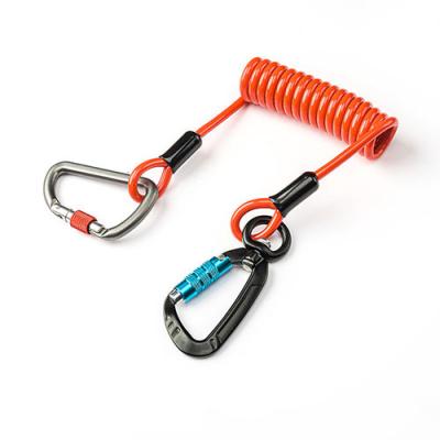 China Orange PU Coil Tool Lanyard 2M Heavy Duty 400KG Breaking Strength with Carabiner Hook for sale