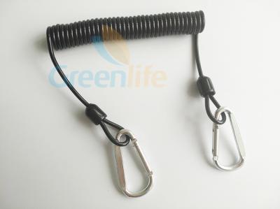 China 1.5M TPU Coiled Tool Lanyard with 48mm D-Shape Carabiner Hooks Black Safety Rope for sale