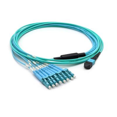 China MPO-4LC Duplex OM3 Fiber Optic Breakout Cable | High-Density 40G to 10G Data Center Jumper for sale