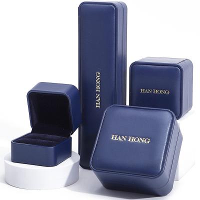 China Dark Blue Round Corner PU Leather Jewelry Set Box Customizable Size OEM Packaging for sale