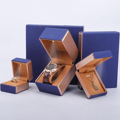China Blue Velvet PU Leather Jewelry Gift Box 19x19x4cm with LED Light and Velvet Lining for sale