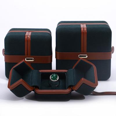 China Custom Logo Green Jewelry Box Leather Velvet Double Open Ring Earring Bracelet Necklace Packaging for sale