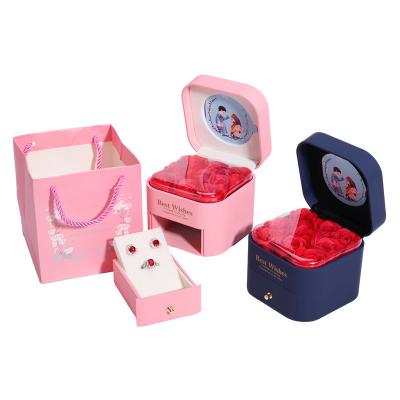 China Custom Size Rose Immortal Drawer Flower Jewelry Box for Stud Earrings and Pendants with Embossed Logo Options for sale