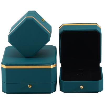 China Dark Green Octagonal Faux Leather Luxury Jewelry Box with Gold Trim Customizable Size for sale