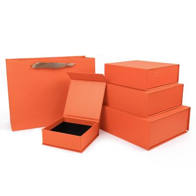 China Eco Friendly Cardboard Orange Magnetic Jewelry Box Paper Gift Packaging 10x10x5 cm for sale