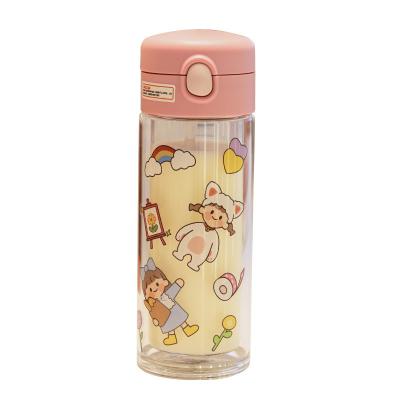 China One Touch Click Open Double Wall Insulation Glass Water Bottles With Straw for sale